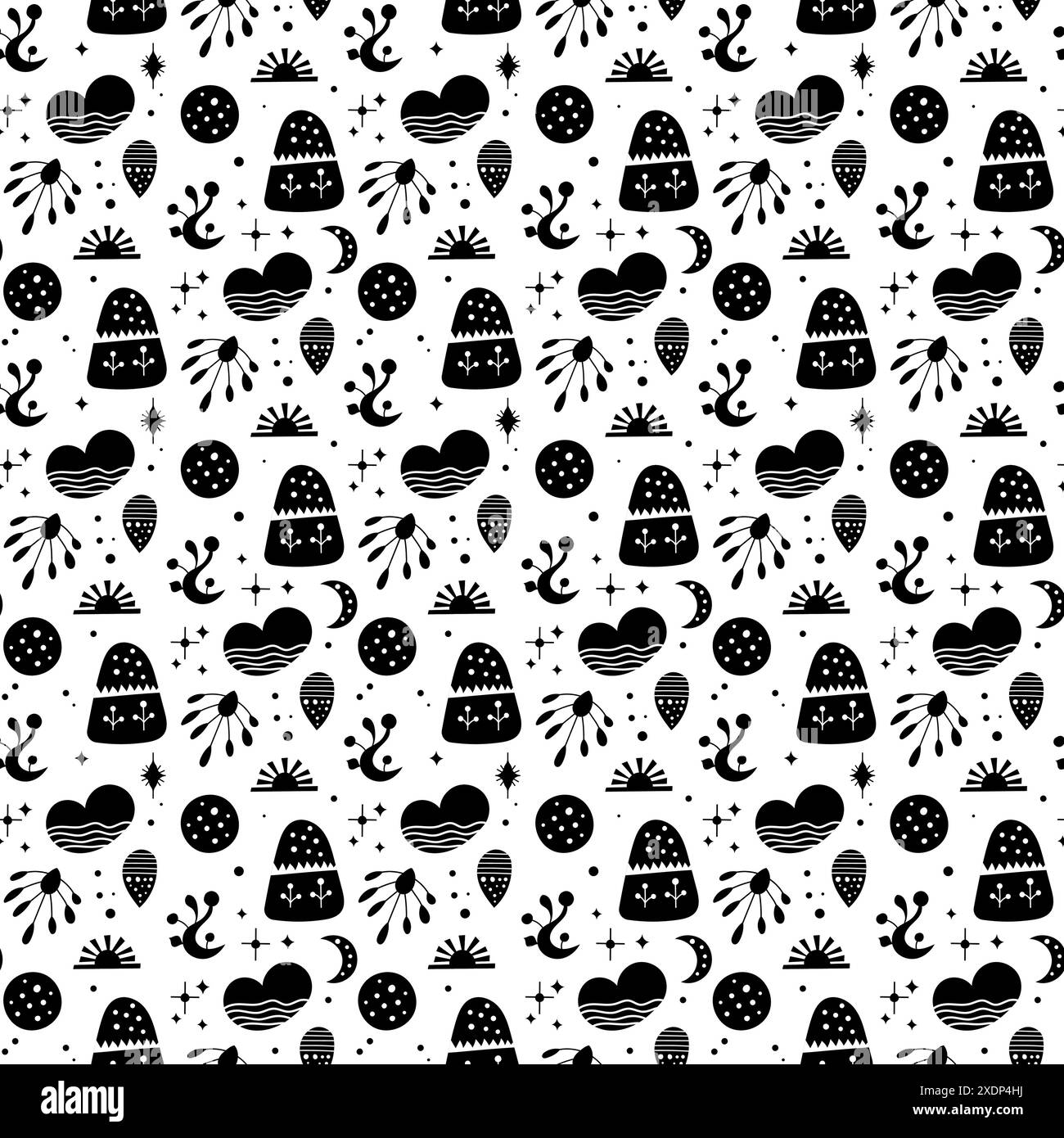 Seamless neo folk art vector pattern with mountains, moon and flowers ...