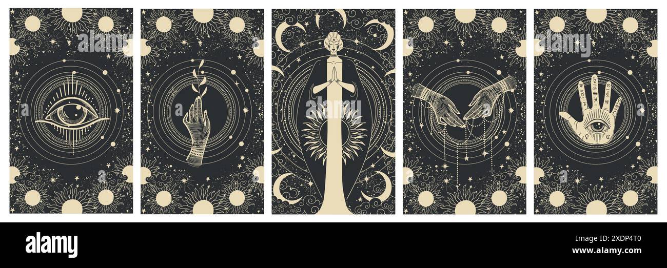Set of magical celestial illustrations, goddess with sun and moon ...