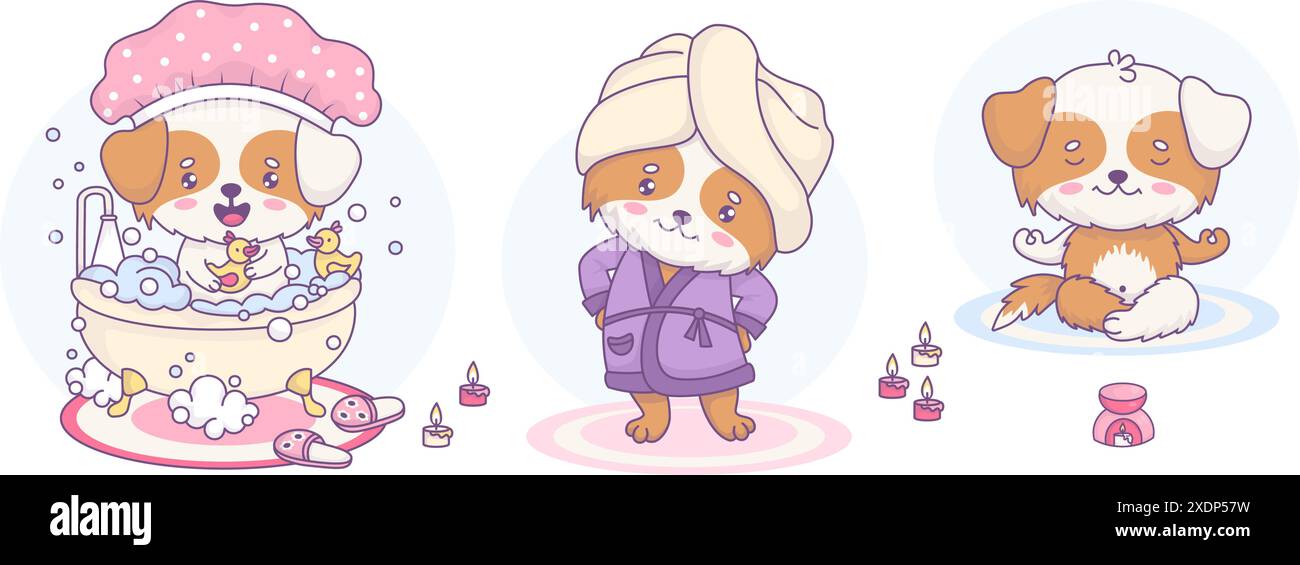 Bath time and cute dogs. Funny pet bathes in bath with foam. Puppy in ...