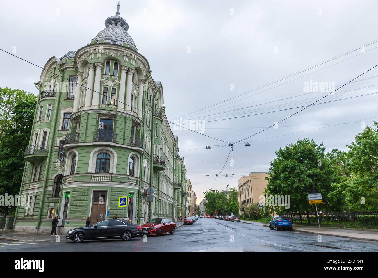 Saint-Petersburg, Russia - May 26, 2023: Street view with Kolobov House at Lenin Street build in ...