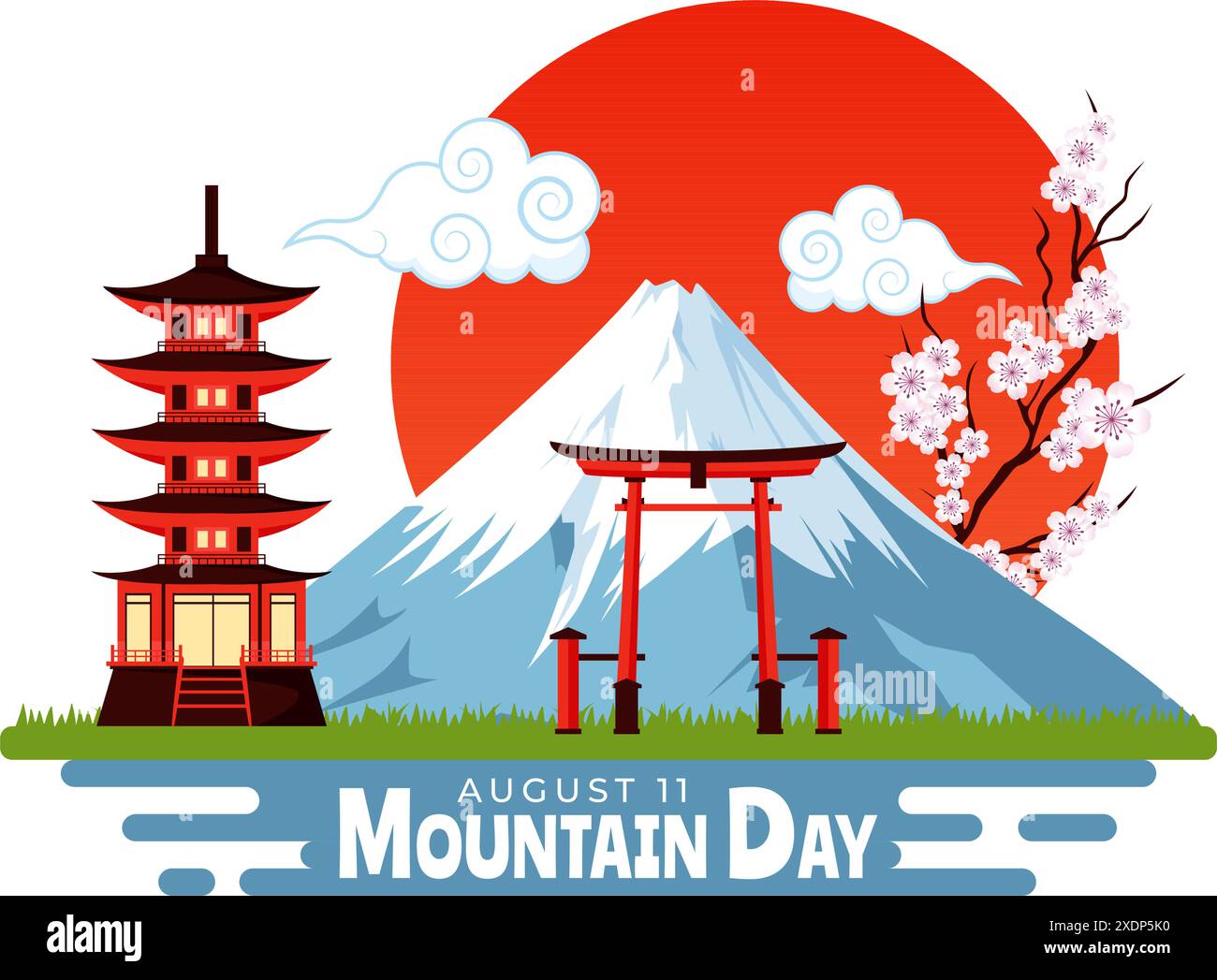 Mountain Day in Japan Vector Illustration on August 11 featuring Mount Fuji and Sakura Flower ...