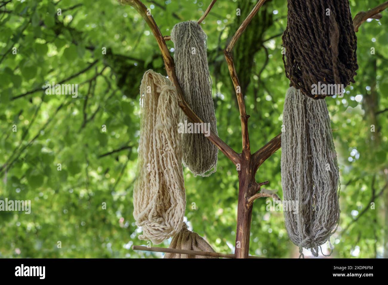 Handspun wool hanging on a tree branch for sale at a craft market, copy ...