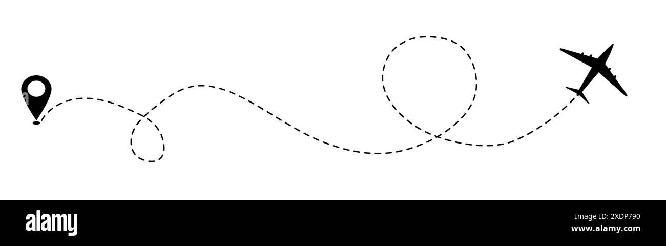 Itinerary dashed trace heart shape, line airplane flight, dotted path ...