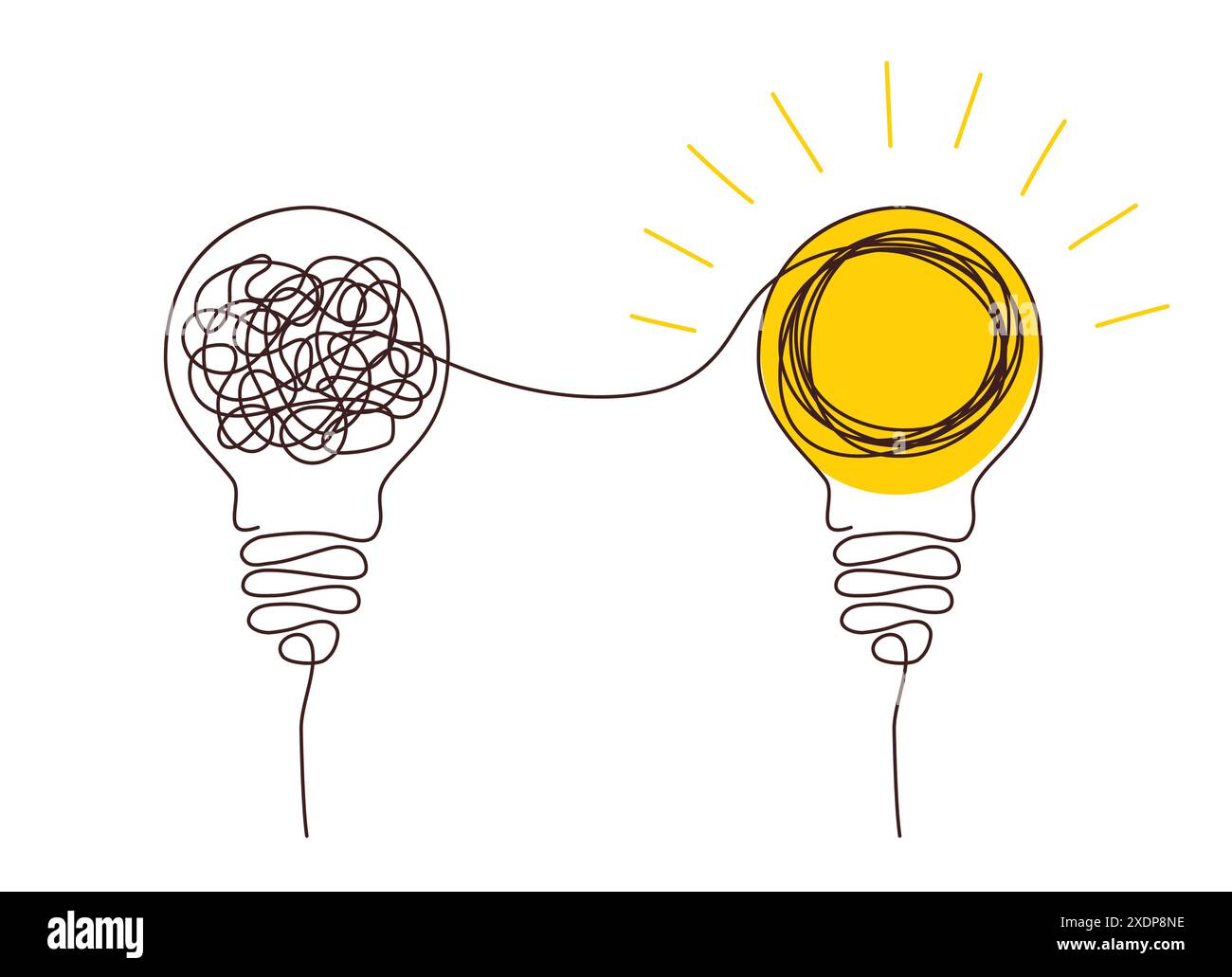 Solution concept of chaos in thoughts with hanging light bulbs with one glowing. Complex problem ...