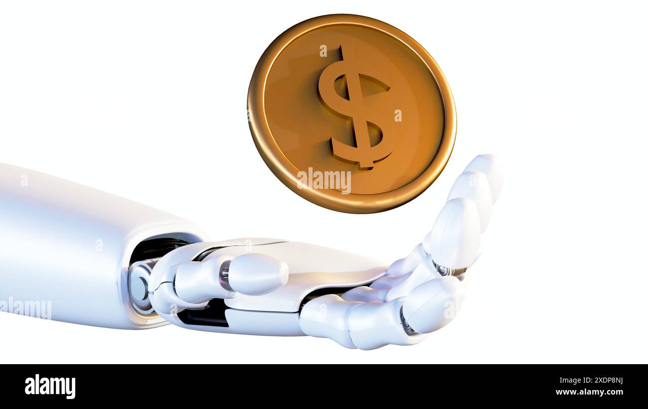 3d animation of robotic hand and a floating golden coin with dollar ...