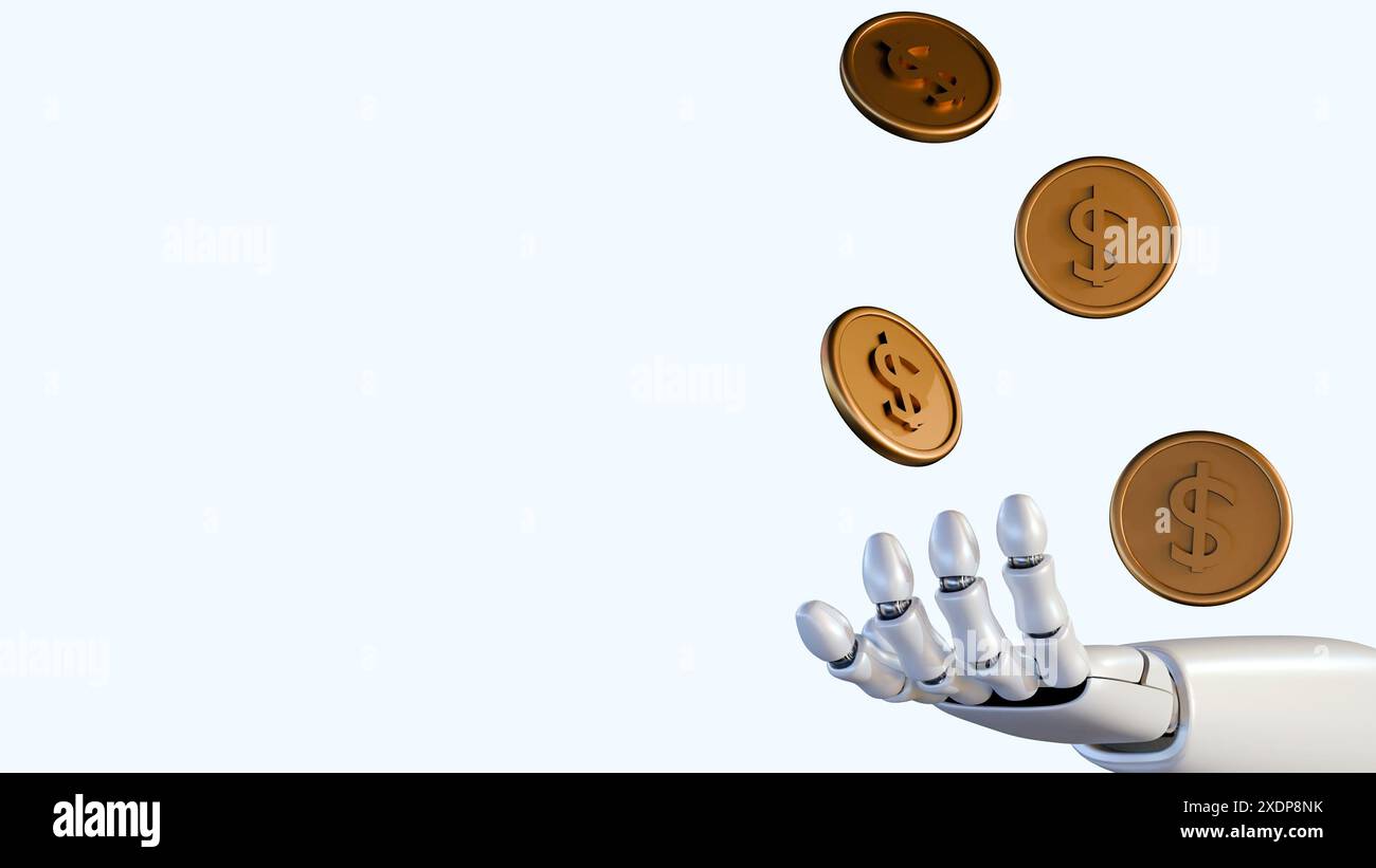 3d animation of robotic hand and a floating golden coin with dollar ...