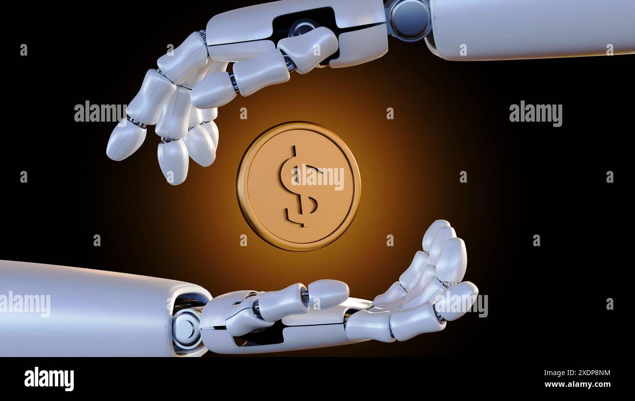 3d animation of robotic hand and a floating golden coin with dollar ...
