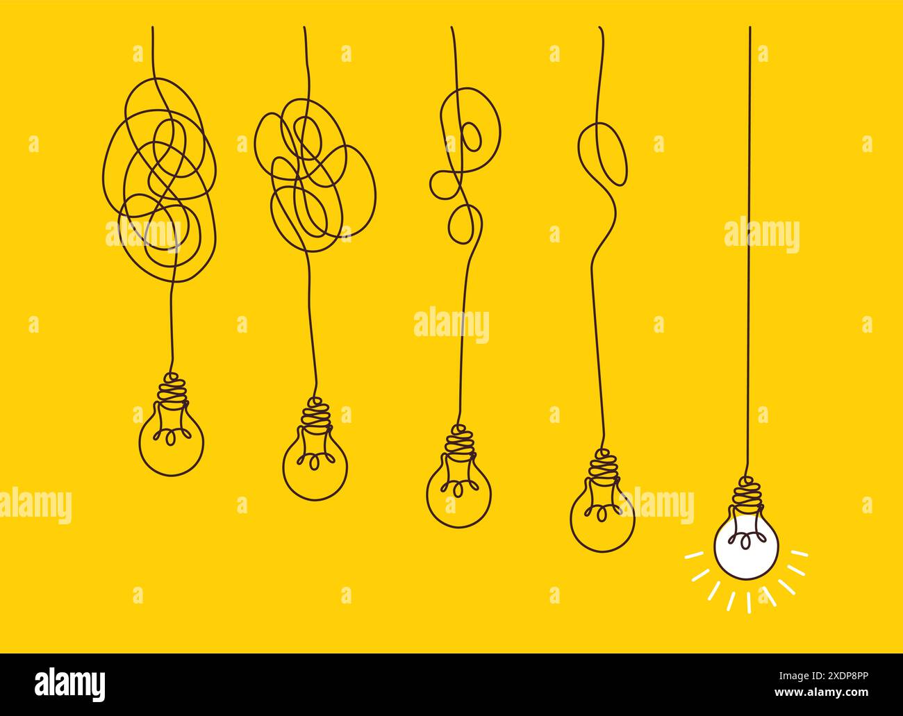 Solution concept of chaos in thoughts with hanging light bulbs with one glowing. Complex problem ...