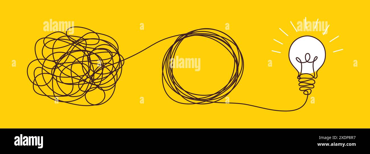 Solution concept of chaos in thoughts with hanging light bulbs with one ...