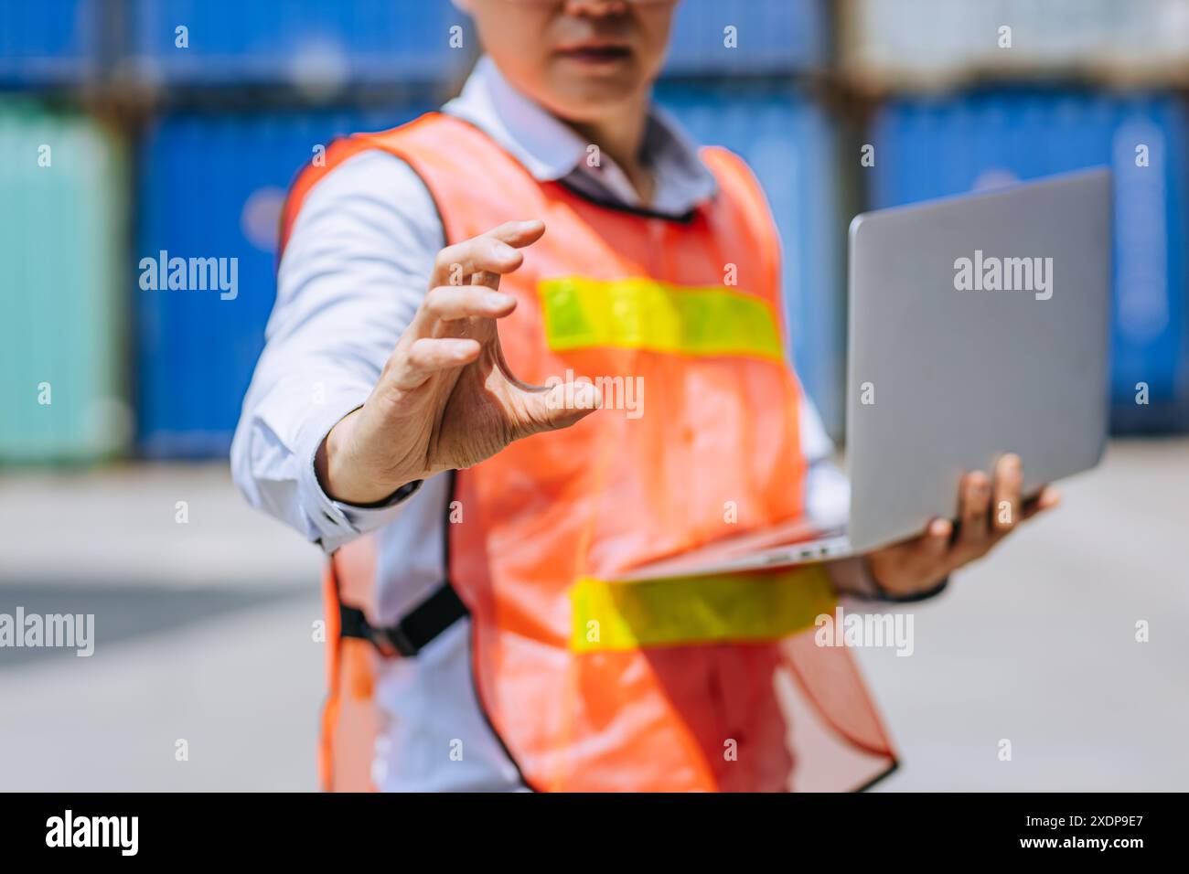 Closeup engineer male hand holding grab empty blank for graphic overlay ...