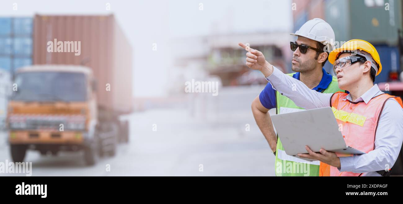 Customs Staff Worker Working Together Hand pointing at high for ...