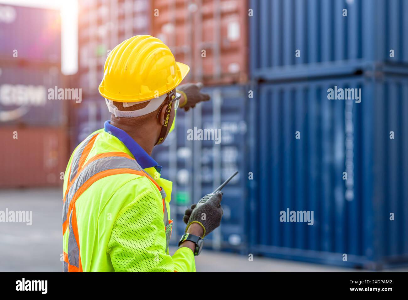 African Black Worker Radio Control Operate in Cargo Port Shipping ...
