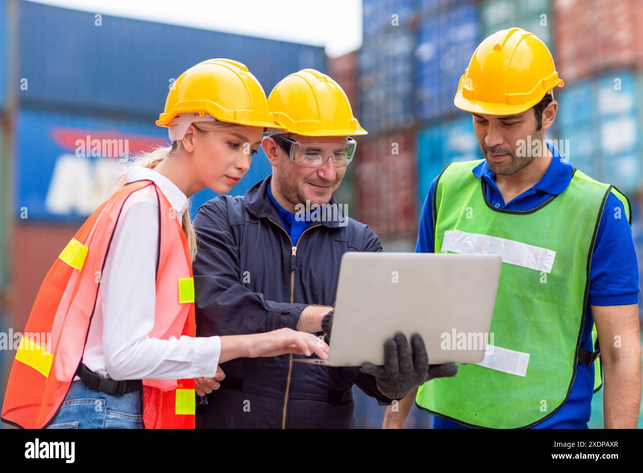 Group of Port Container Ship Yard Colleague Workers working together ...