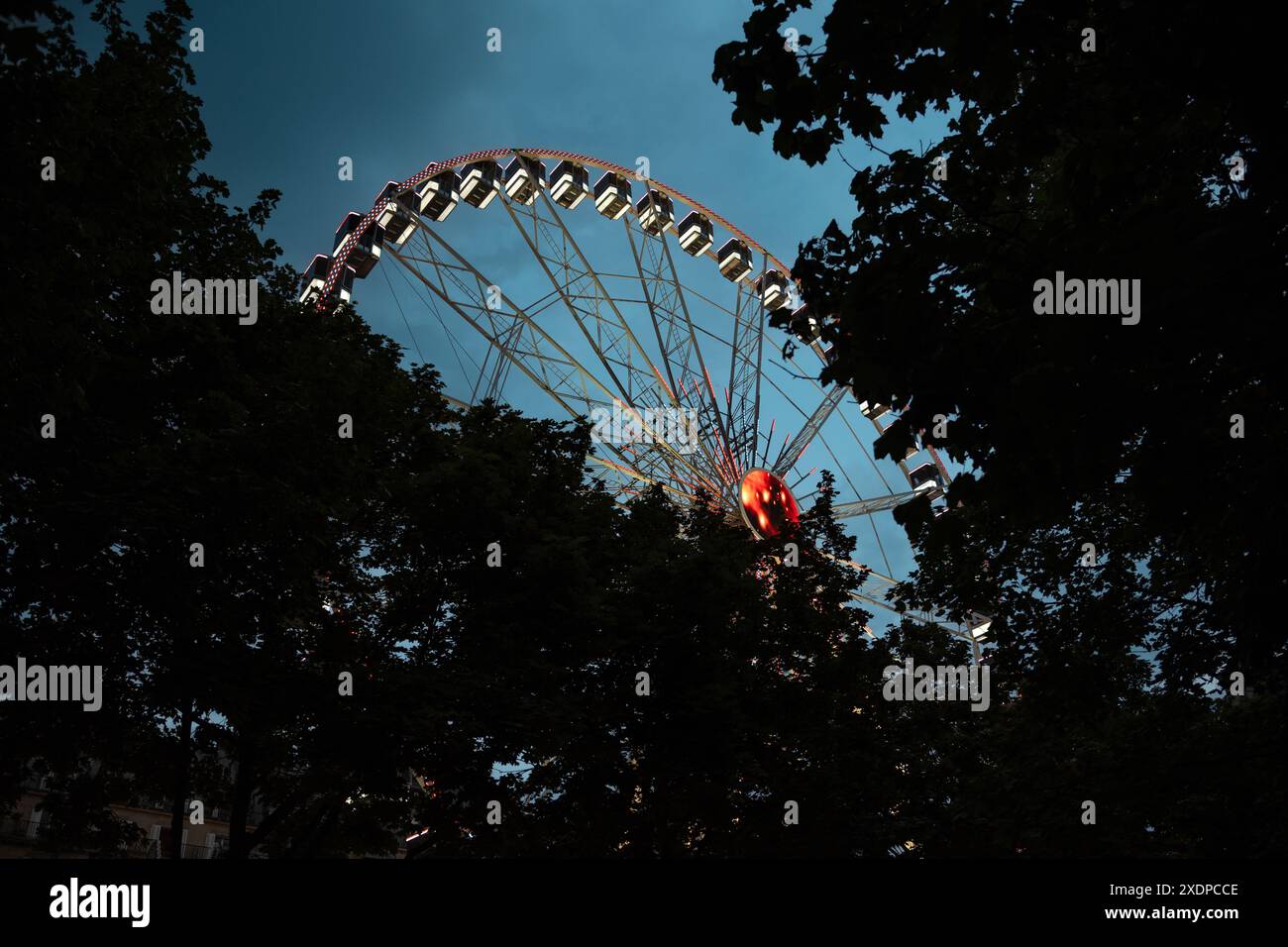 Parisian Ferris Wheel enclosed by Trees at Nightfall - Paris, France ...