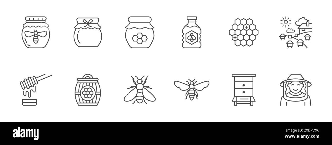 Honey line icon set. Honeycomb, bee hive, beekeeper, propolis outline vector illustration ...