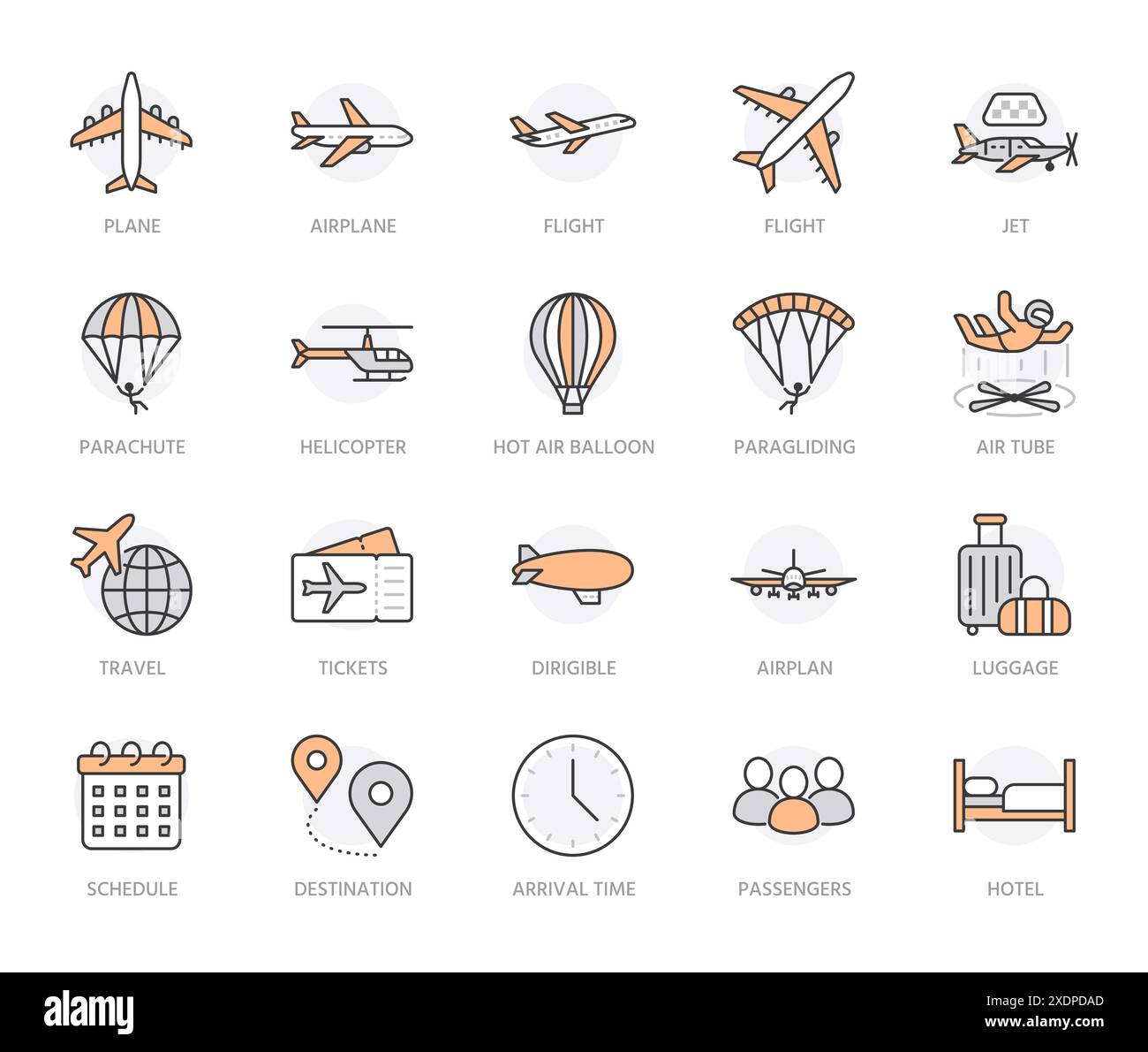 Aircraft flat line icons set. Airplane, helicopter, air taxi, skydiving ...
