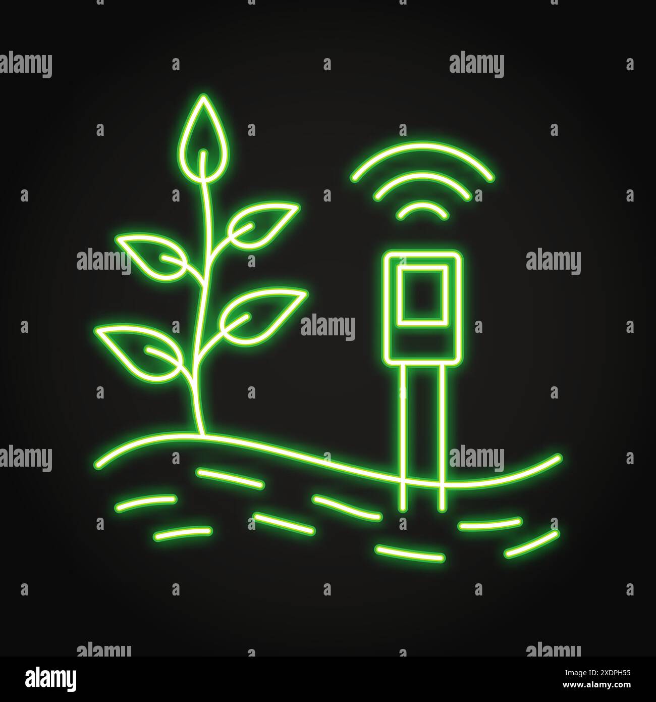 Soil scanning sensors neon icon. Smart agriculture, soil conditions ...