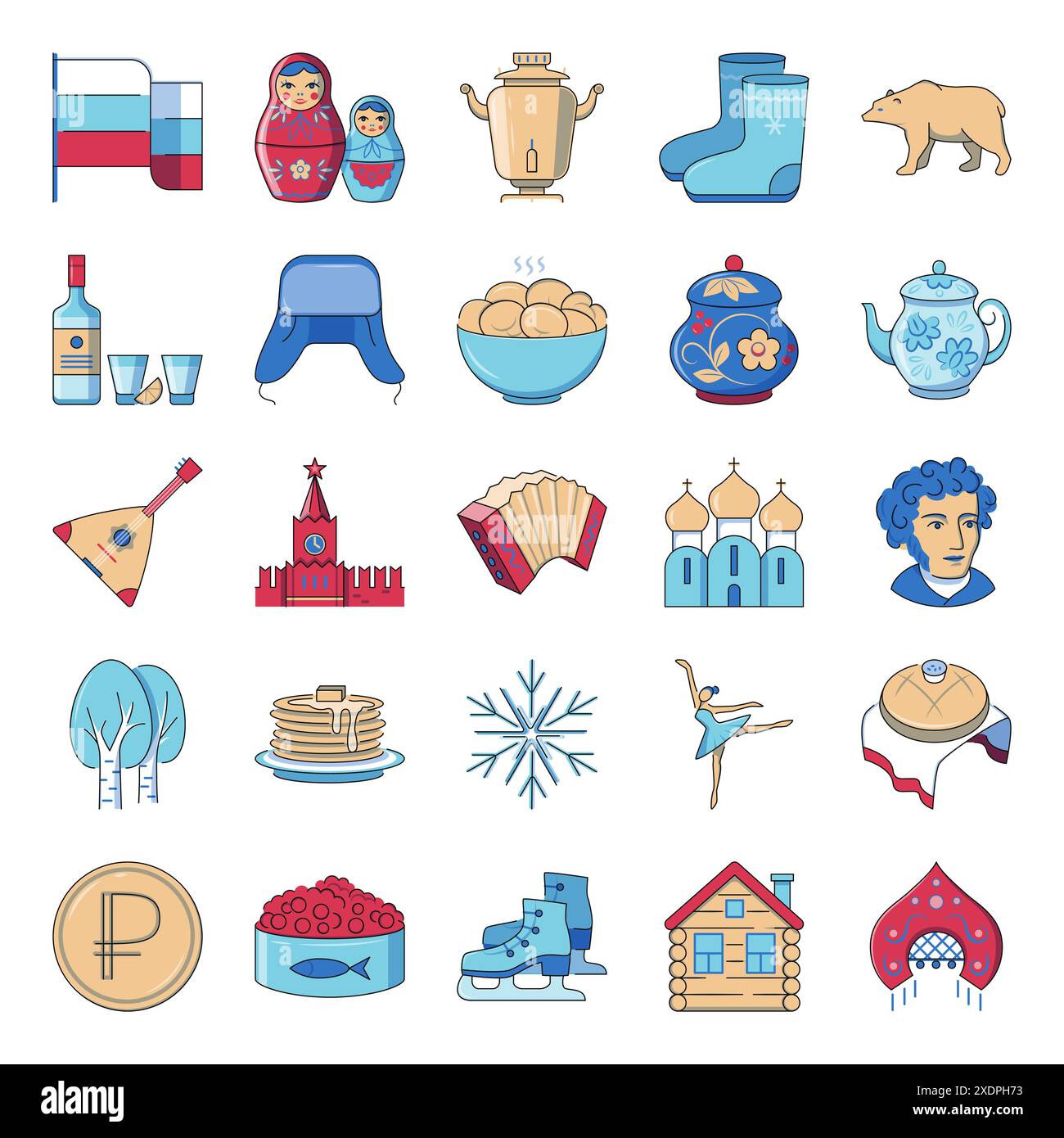 Russia symbols flat icon set. Russian traditions, cuisine and culture ...