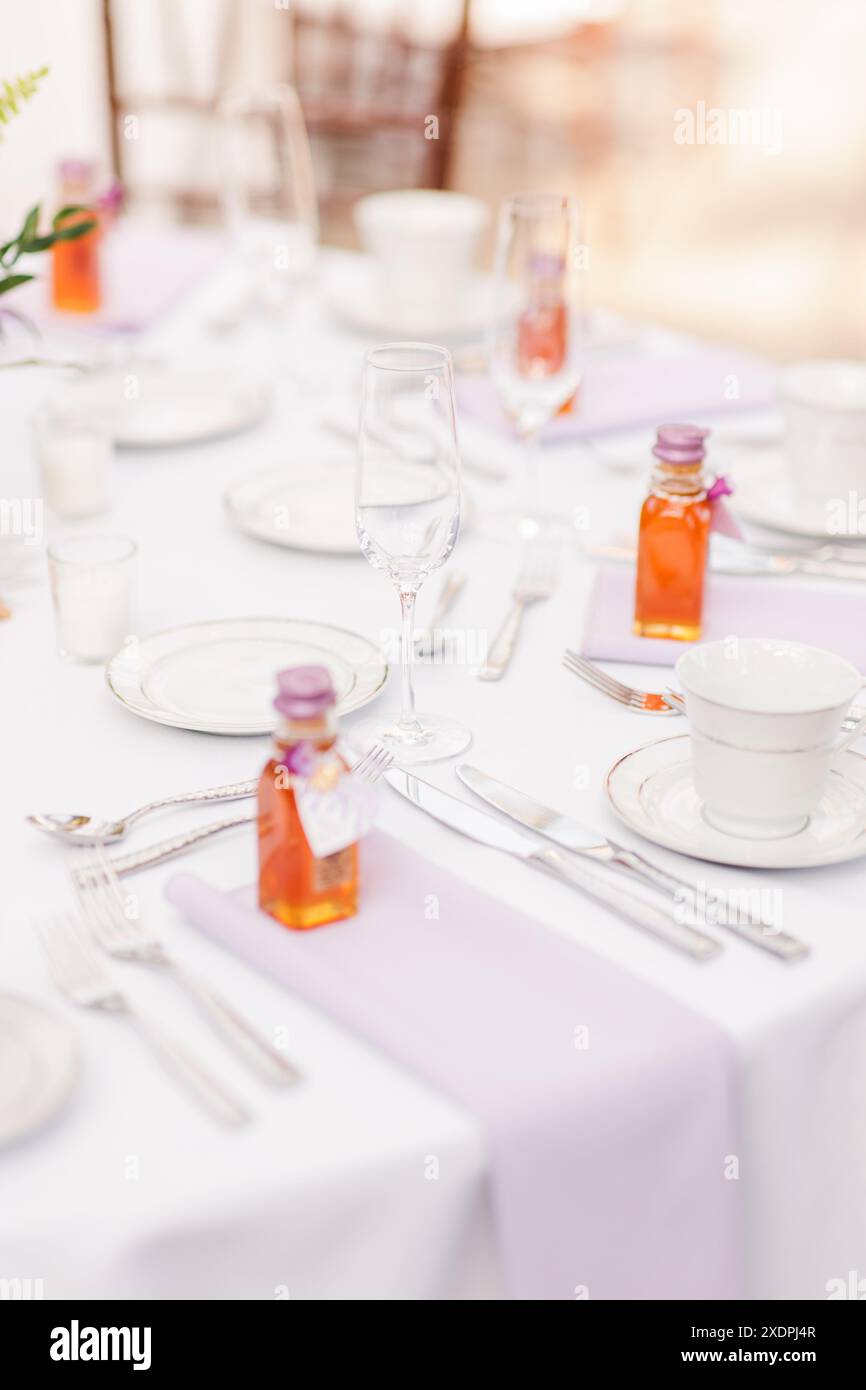 Elegantly set table with glassware, plates, cutlery, and small favors ...