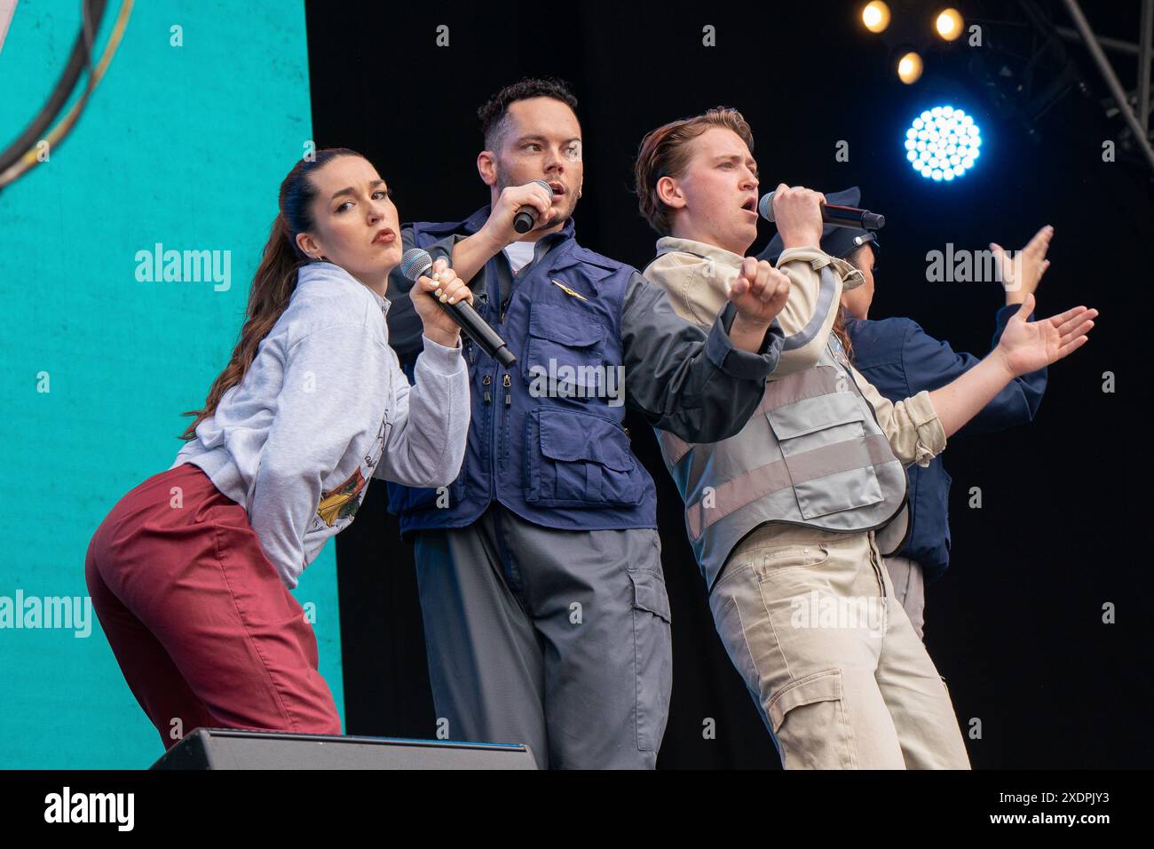 The cast of 42 Balloons perform on stage at West End Live. West End ...