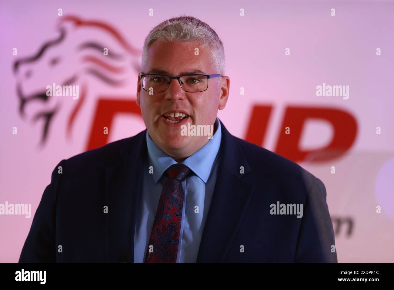DUP Leader Gavin Robinson speaking during the launch the party's ...