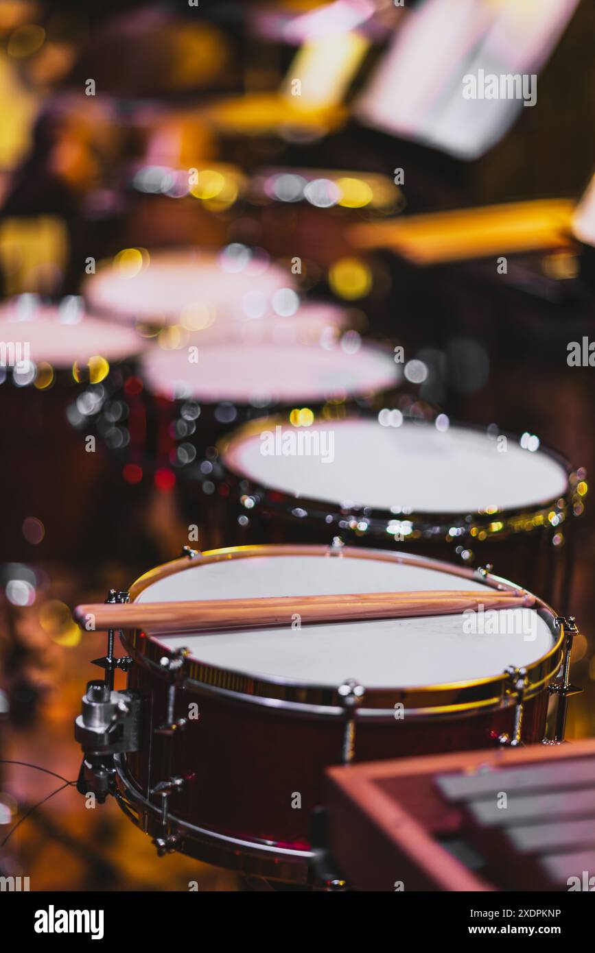 Close-up of drum set with drumsticks on snare for orchestra Stock Photo ...
