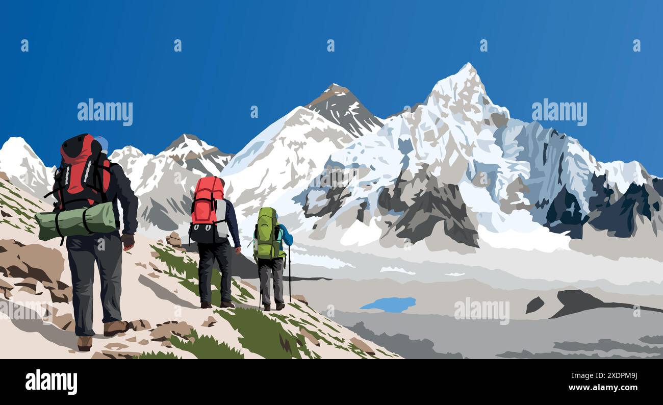 mount Everest and Nuptse as seen from Kala Patthar with three hikers ...