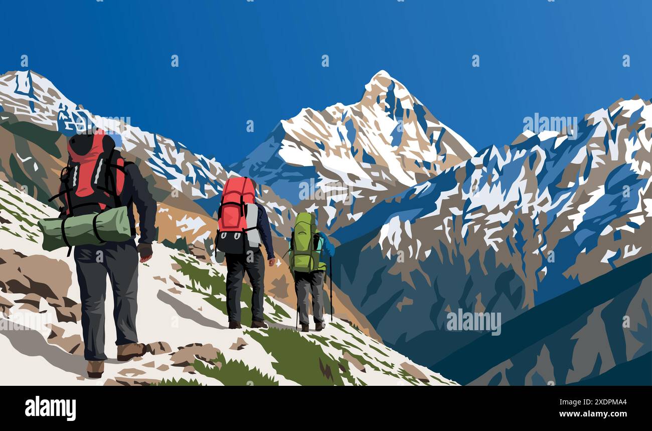 mount Nanda Devi vector illustration with three hikers, one of the best ...
