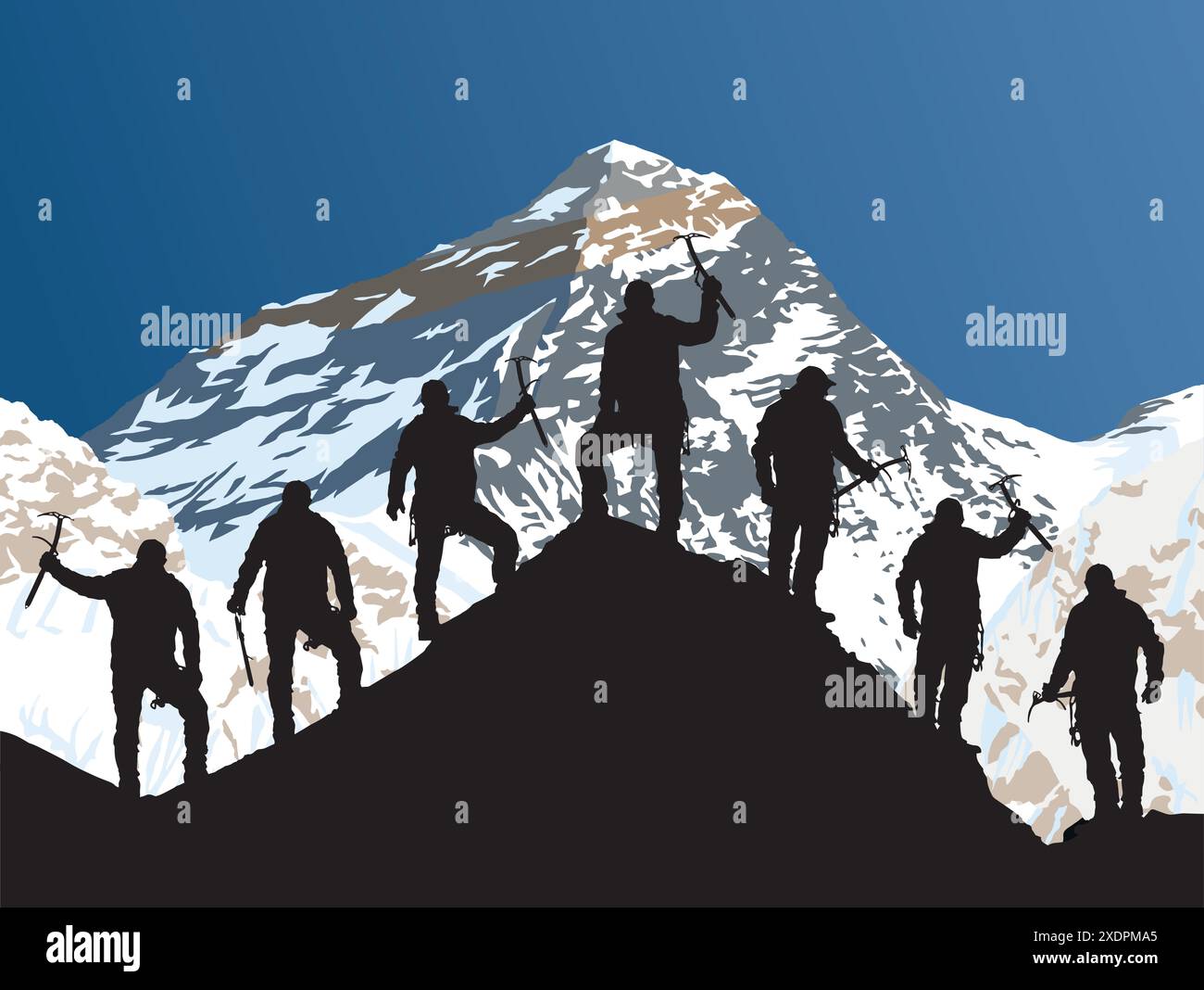 silhouette of seven climbers with ice axe in hand on top of Mount ...