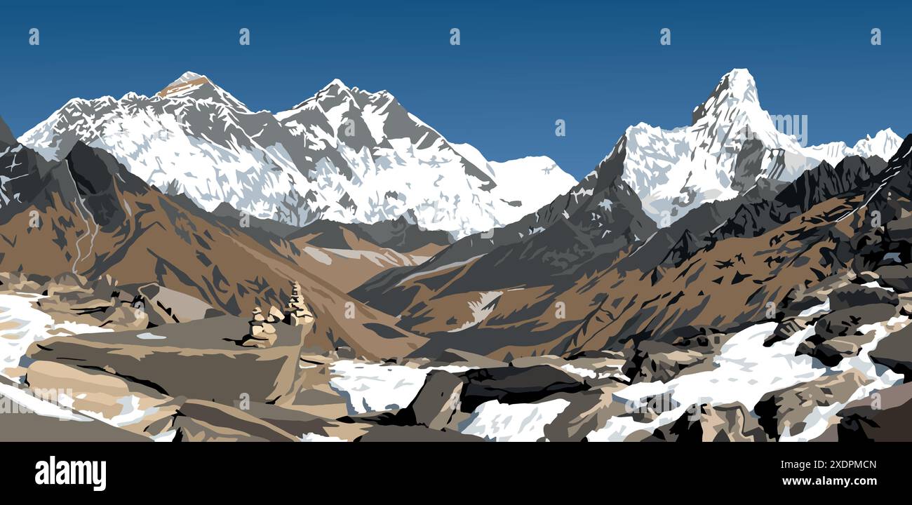 Mount Lhotse and Nuptse south rock face, top of Mt Everest and Ama Dablam peak, vector ...