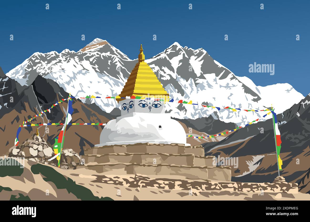 Stupa with prayer flags and Mount Everest and Lhotse peak, way to Mt ...
