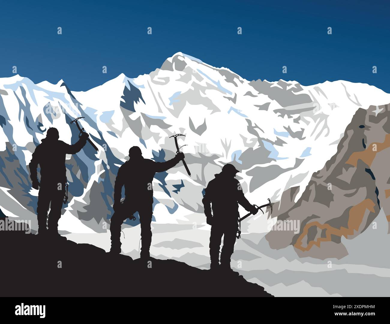 vector illustration of mount Cho Oyu and black silhouette of three ...
