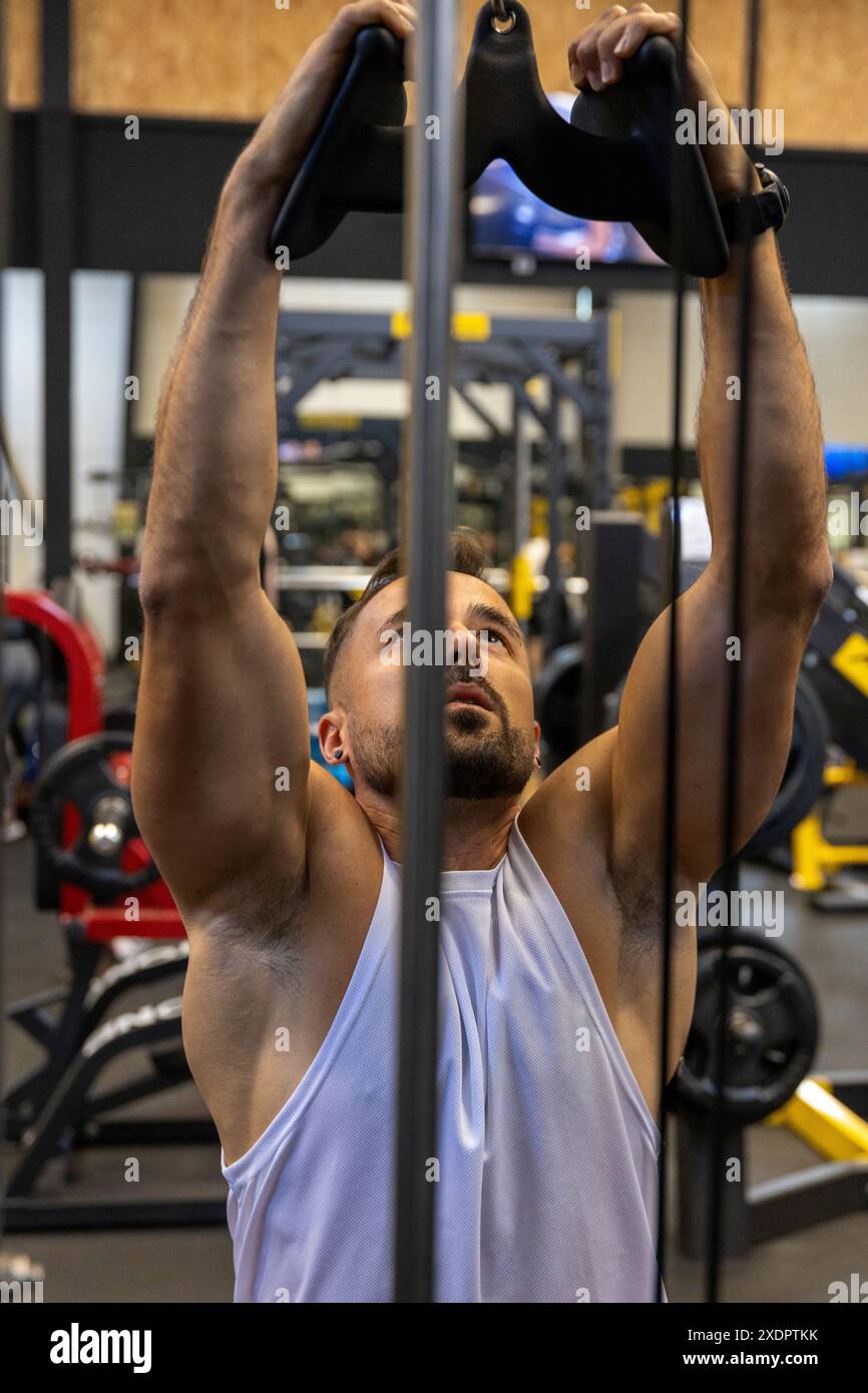 Muscular man in the gym training back sitting on the bench Stock Photo ...