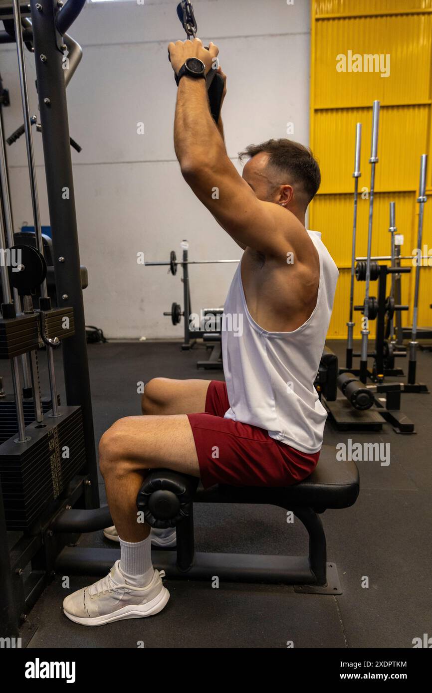Muscular man in the gym training back sitting on the bench Stock Photo ...