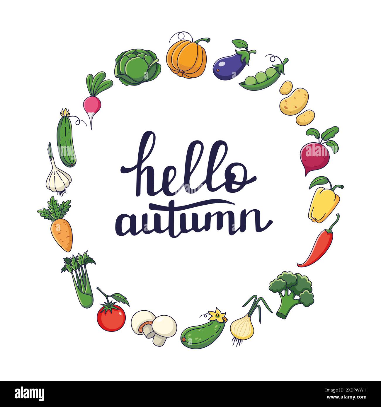 Cute vegetables Decorative round frame. Vector illustration isolated on ...