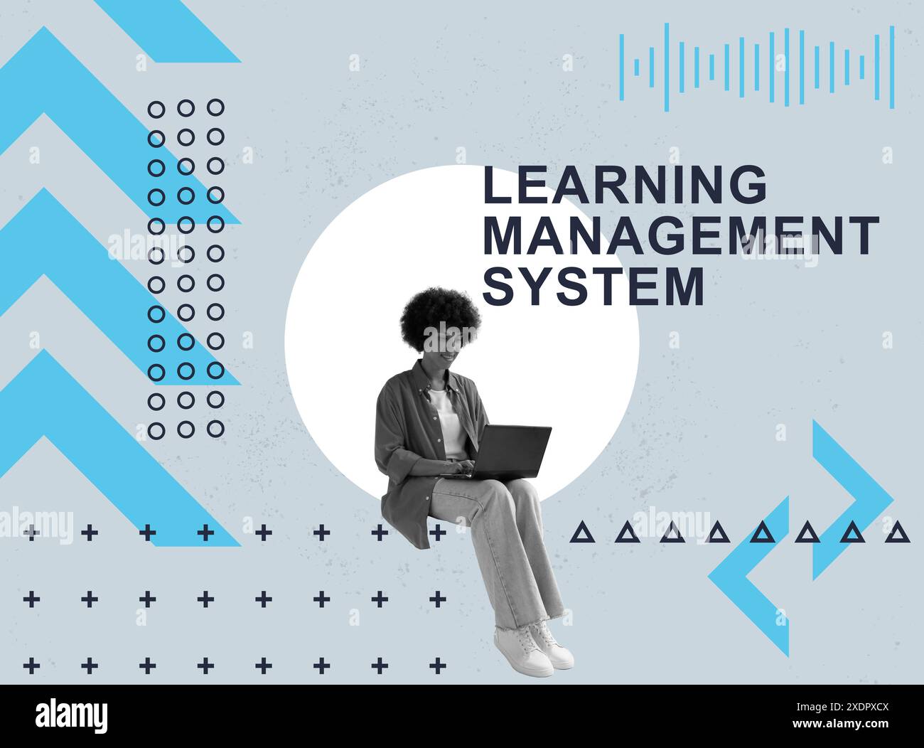 Learning management system LMS. Collage with a young woman working on a ...