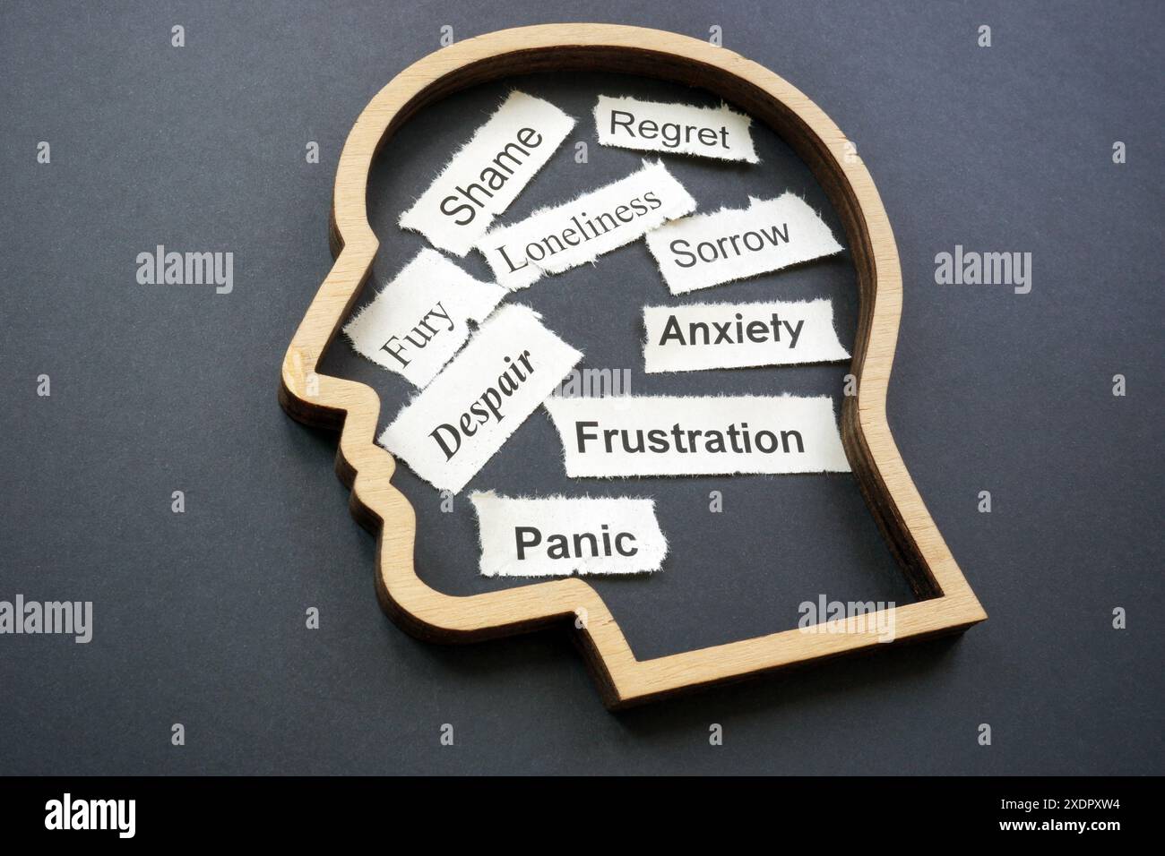 Pieces of paper with negative emotions in the head. Stress and ...