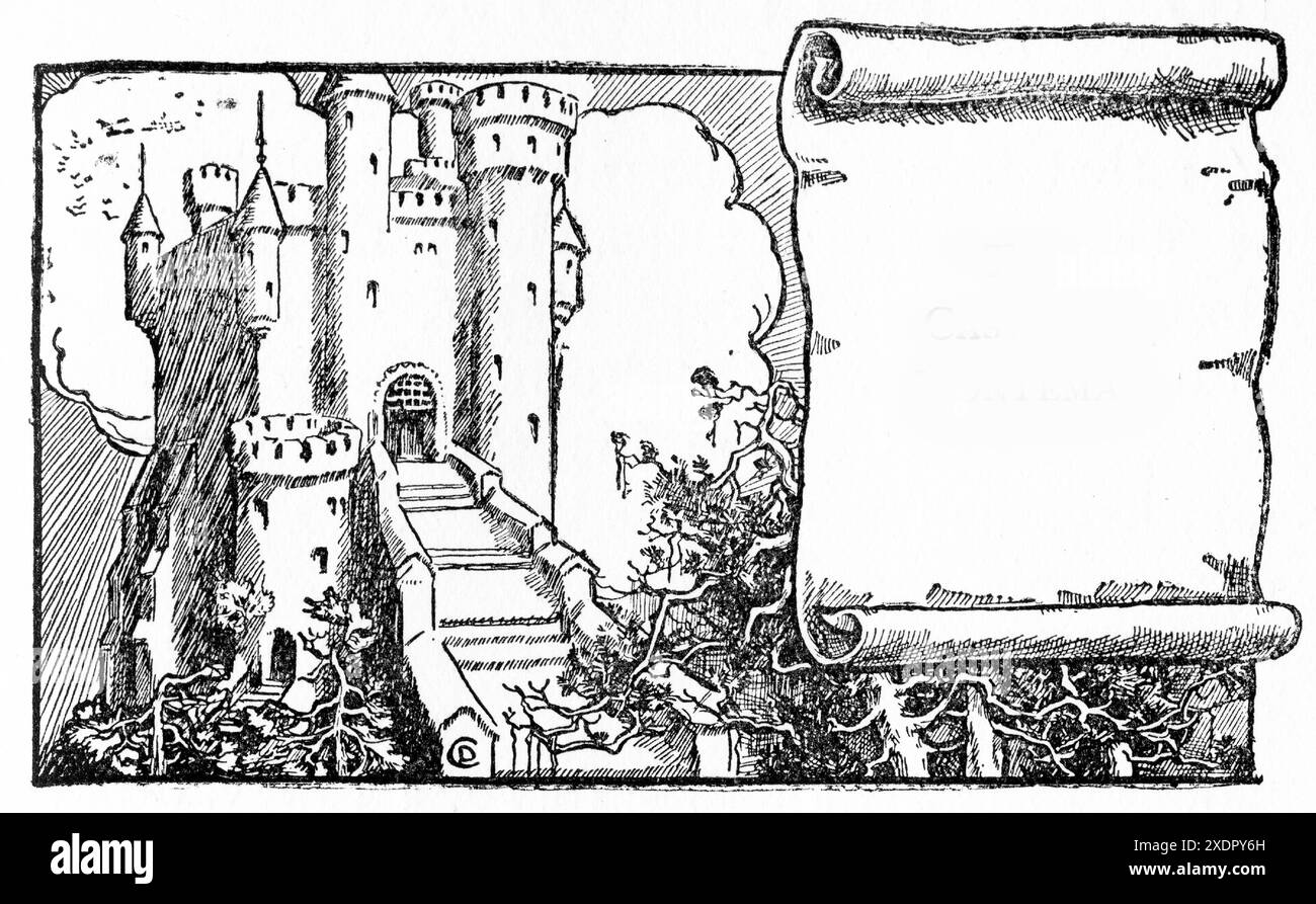 A generic engraving of a medieval castle and drawbridge with a large ...