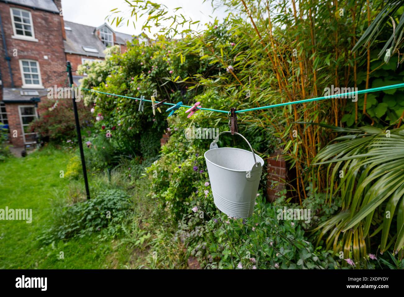 Clothes pegs and a peg bucket hanging from a washing line in an English ...
