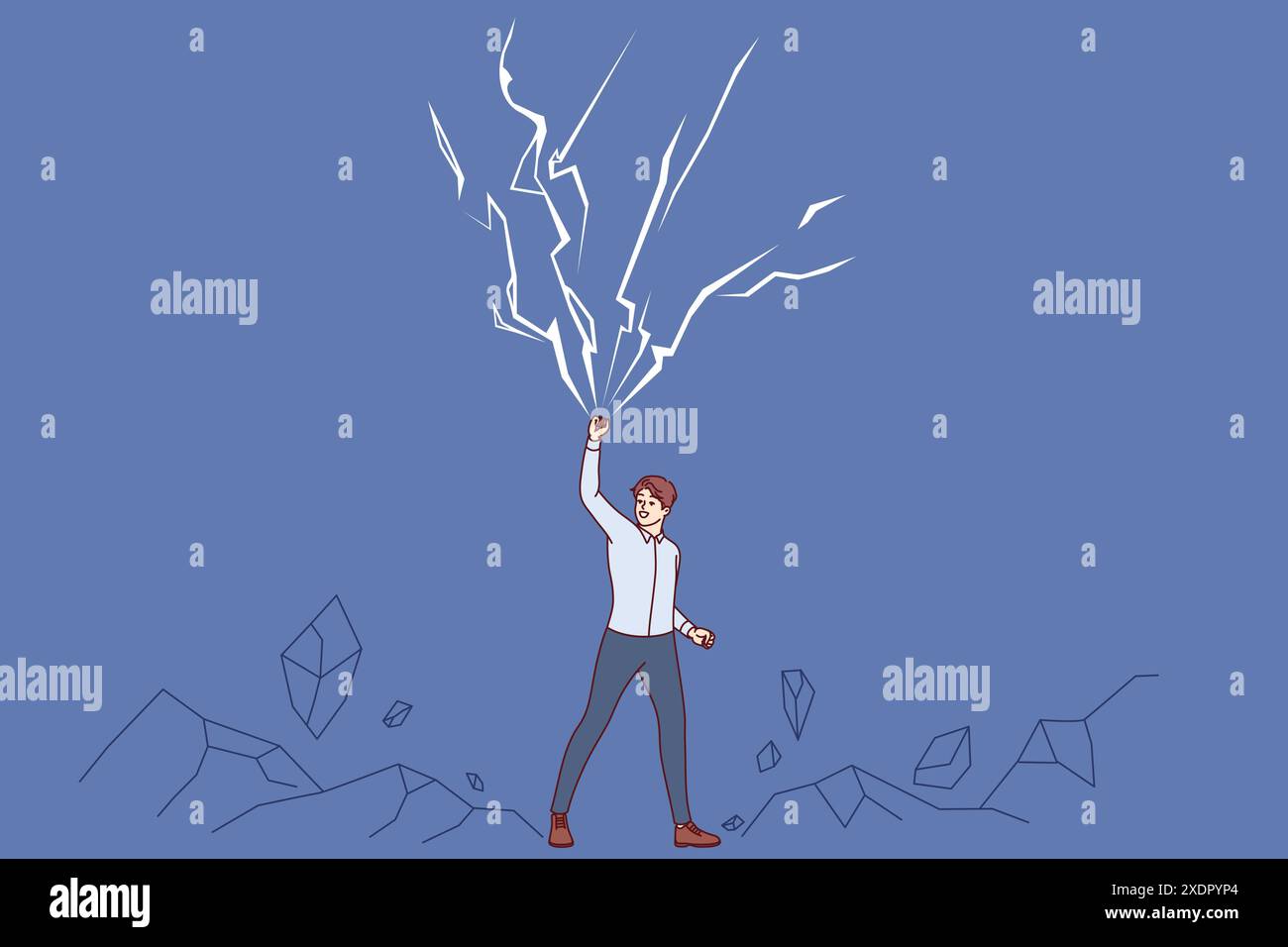 Powerful business man raises hand up near lightning bolts ...