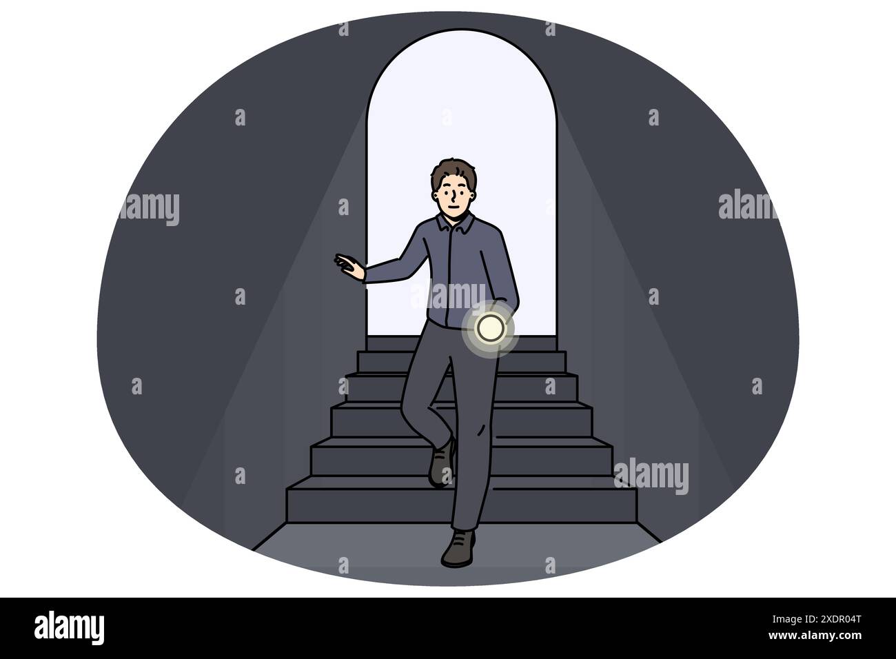 Scared man with flashlight walking in dark tunnel. Frustrated male with ...