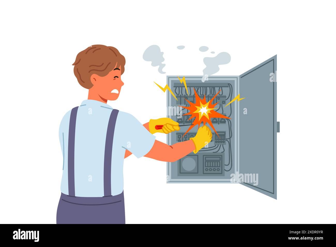 Man electrician is injured by electric shock while repairing electrical ...