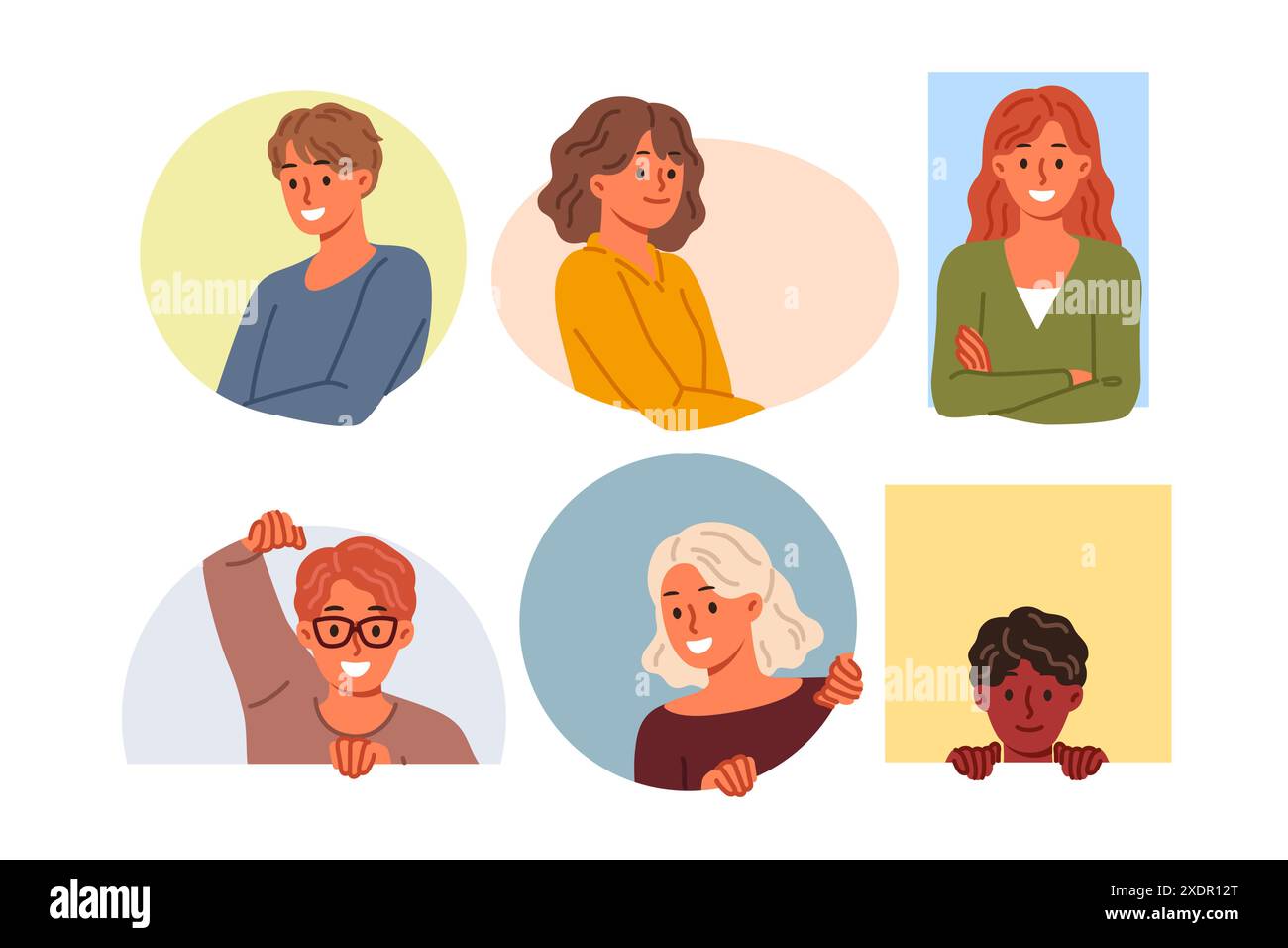 Happy people smile looking out from multi-colored geometric shapes ...