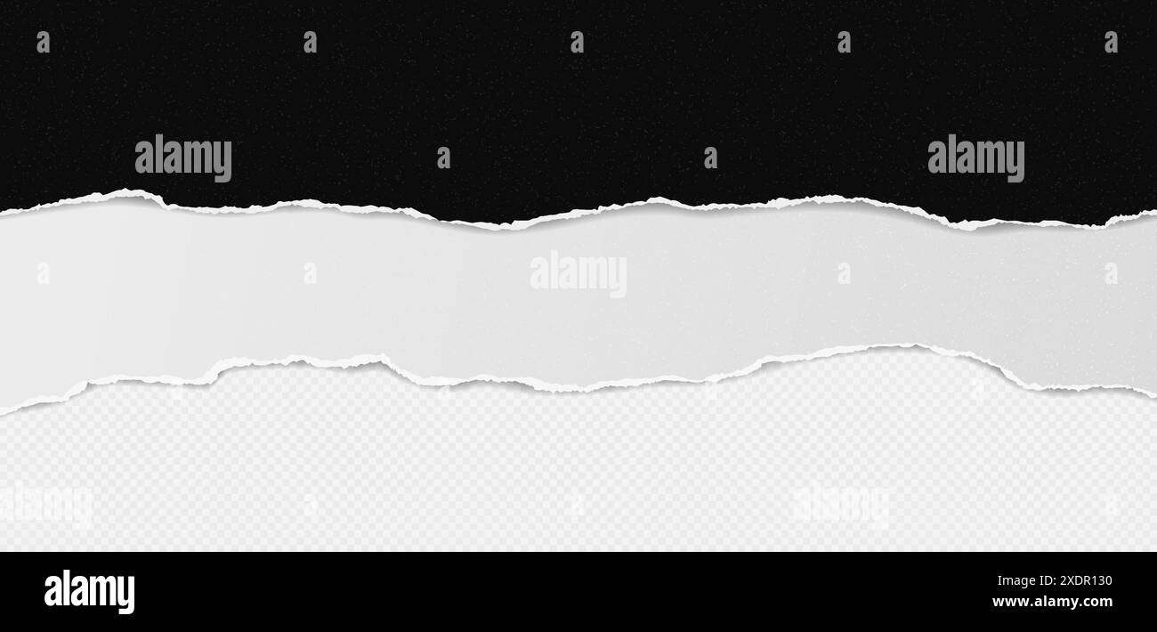 Black and white dusty torn paper strips with soft shadow are on white ...