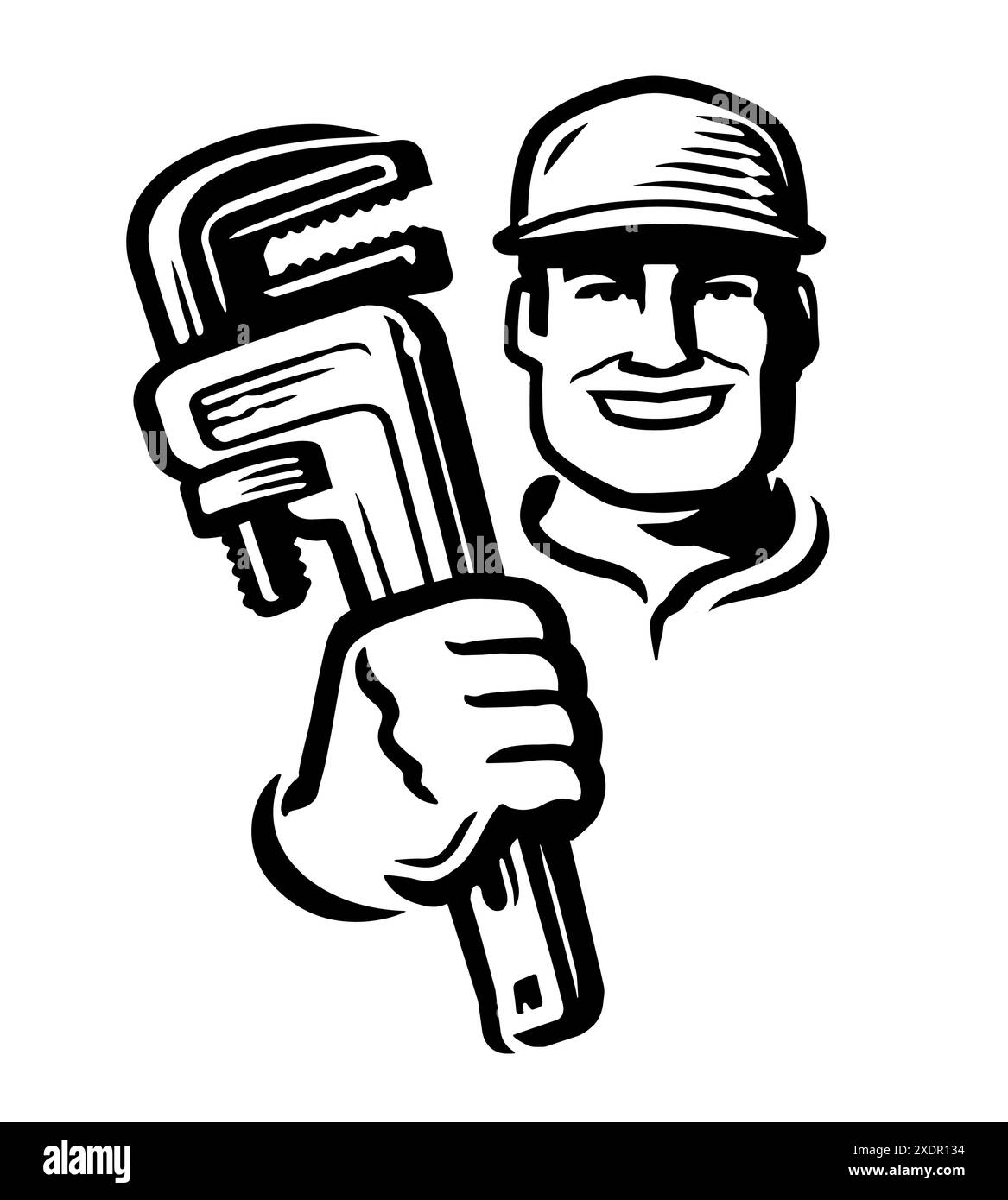 Plumber with an adjustable wrench. Plumbing repair work emblem or logo ...