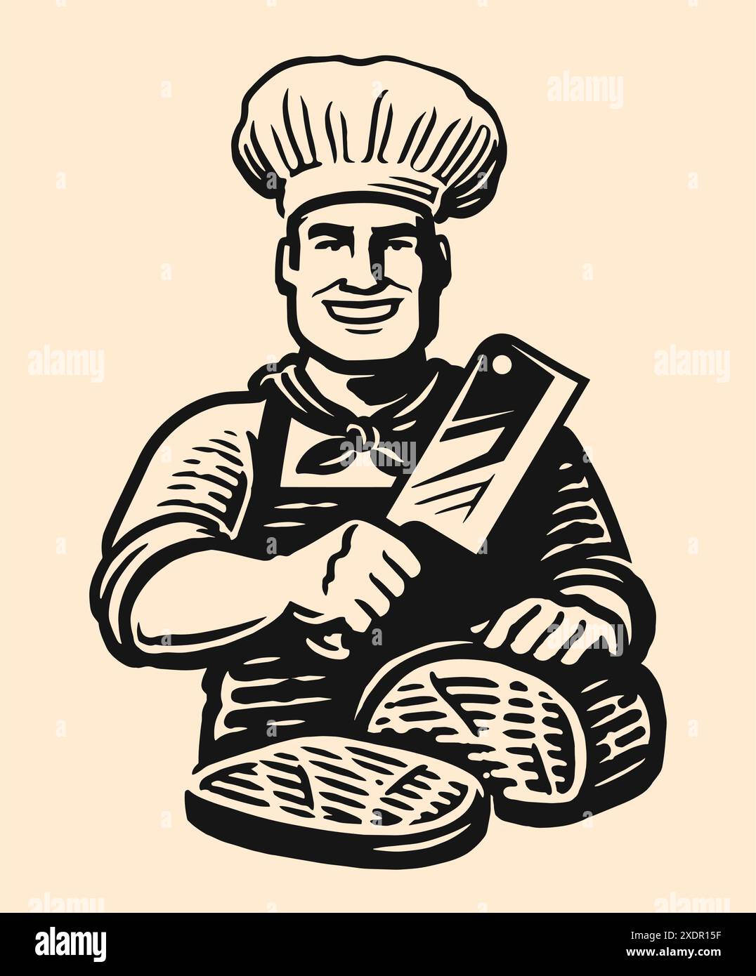 Happy chef with butcher knife cutting piece of meat. Male cook, logo ...