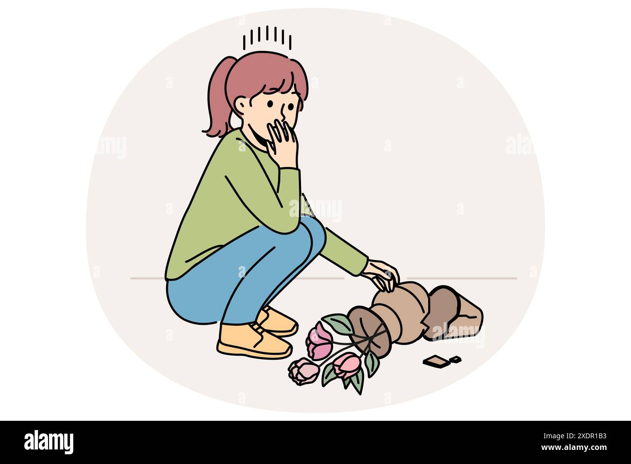 Little girl break flowerpot feeling distressed and emotional. Small ...