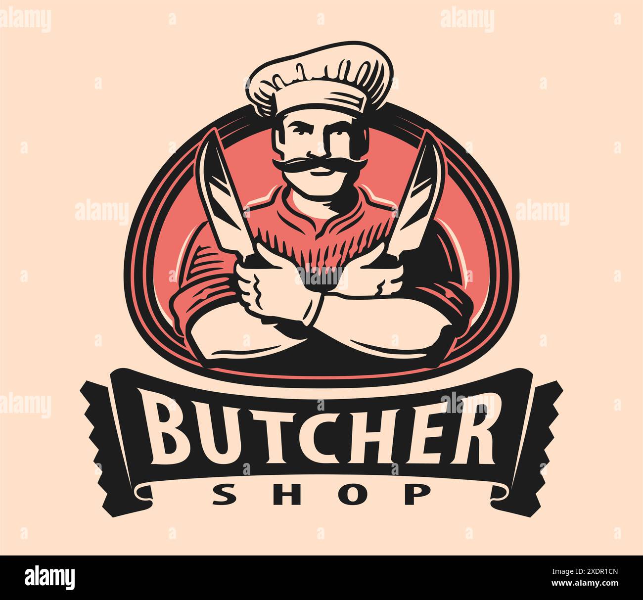 Butcher shop label. Chef with knives for cutting meat, emblem or badge ...