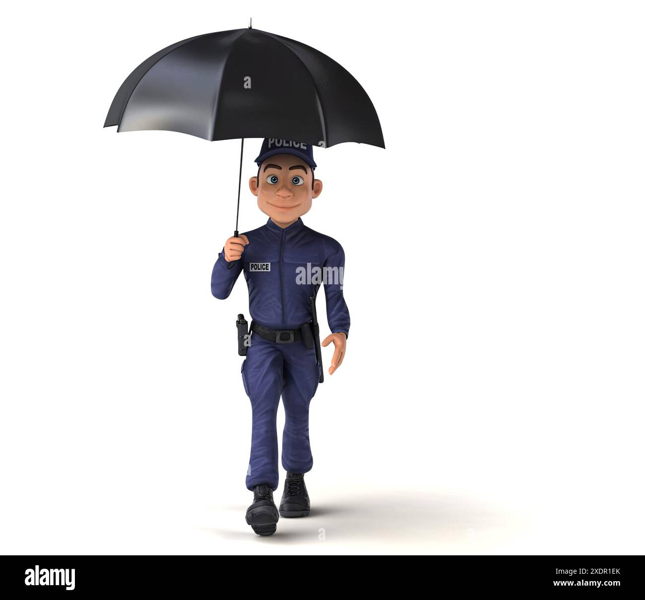 Fun 3D cartoon police man walking with an umbrella Stock Photo - Alamy
