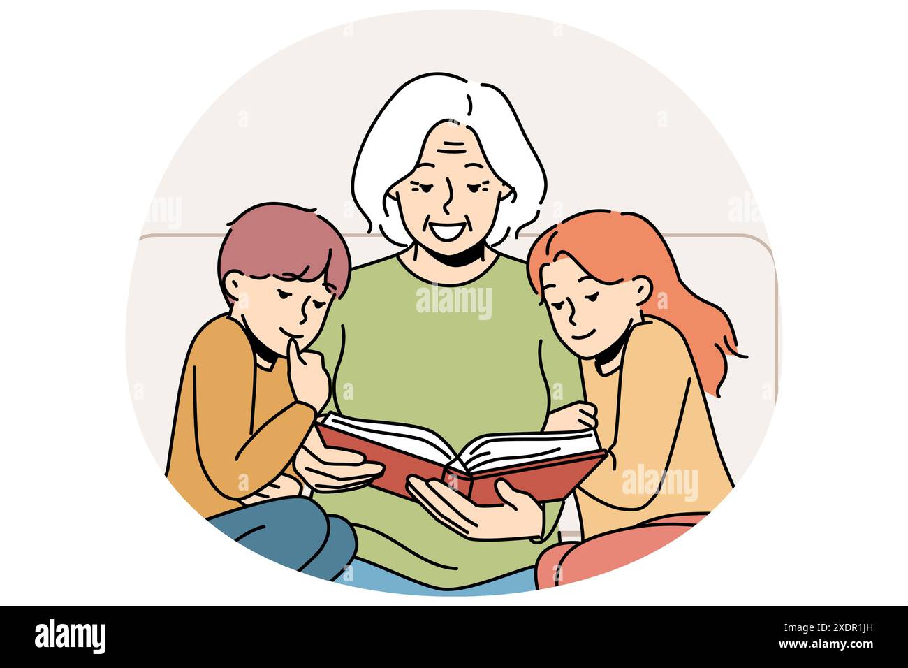 Caring smiling grandmother reading book to little grandchildren. Happy ...